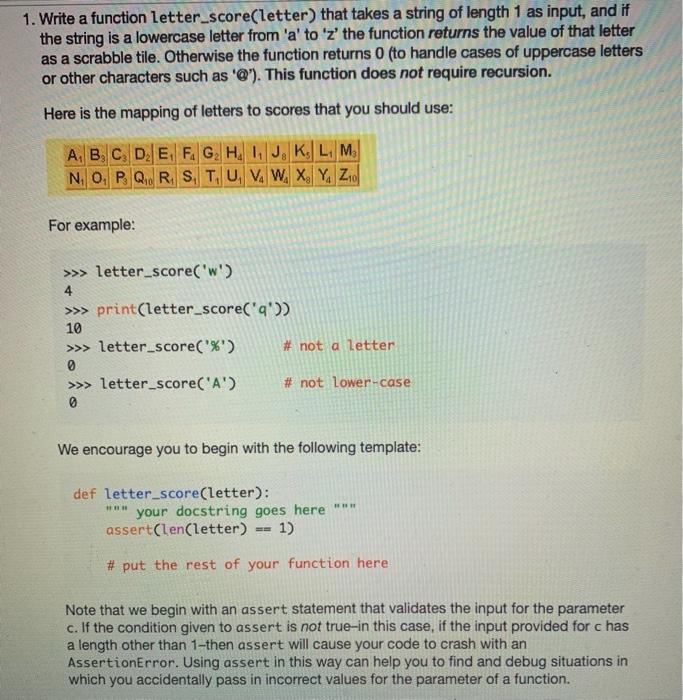Solved 1. Write a function letter_score(letter) that takes a | Chegg.com