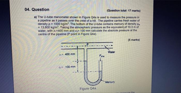 Solved a) The U-tube manometer shown in Figure Q4a is used | Chegg.com