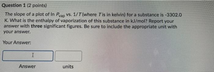 Solved Question 1 (2 points) The slope of a plot of In Pvap | Chegg.com