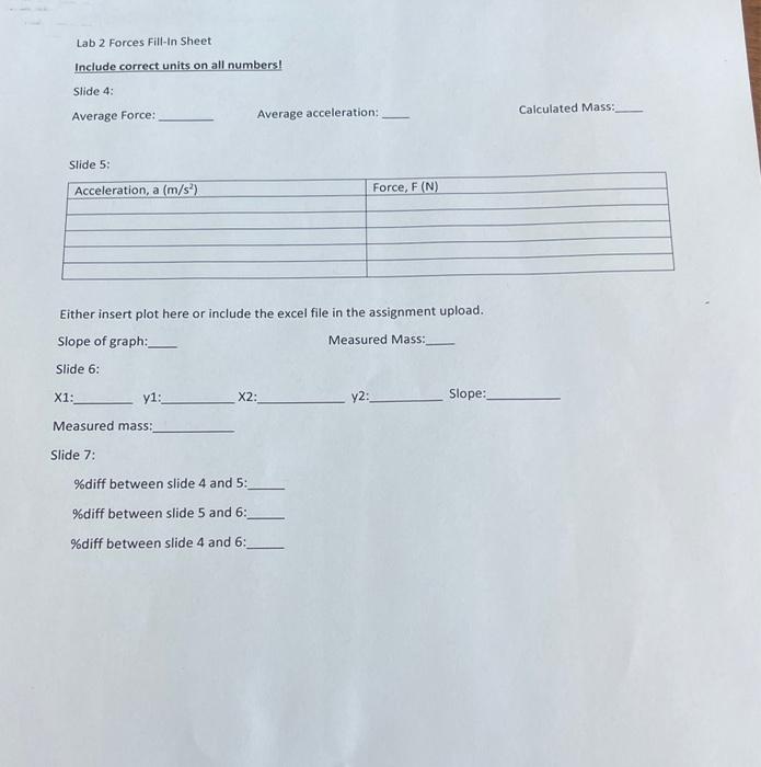 Lab 2 Forces Fill-In Sheet Include correct units on | Chegg.com