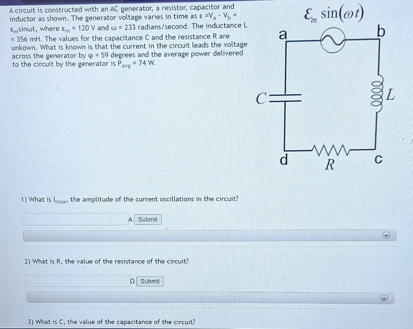 Solved A circuit is constructed with an AC generator, a | Chegg.com