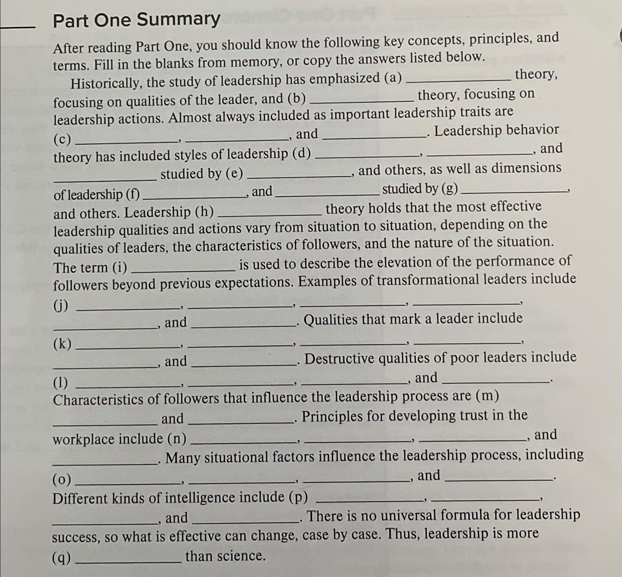 Solved Part One SummaryAfter reading Part One, you should | Chegg.com