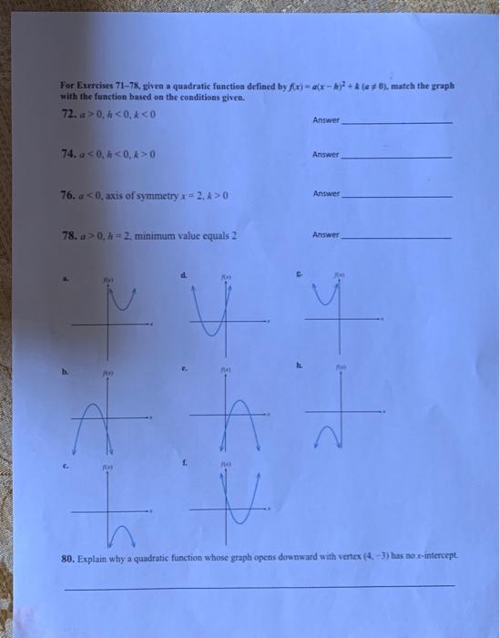 Solved For Exercises 71-78, given a quadratic function | Chegg.com