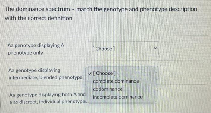Solved The dominance spectrum match the genotype and | Chegg.com