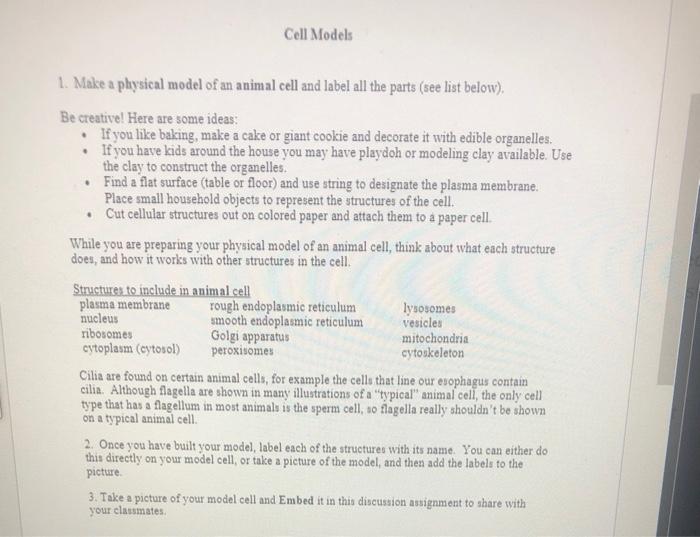 Solved Cell Models 1. Make a physical model of an animal | Chegg.com