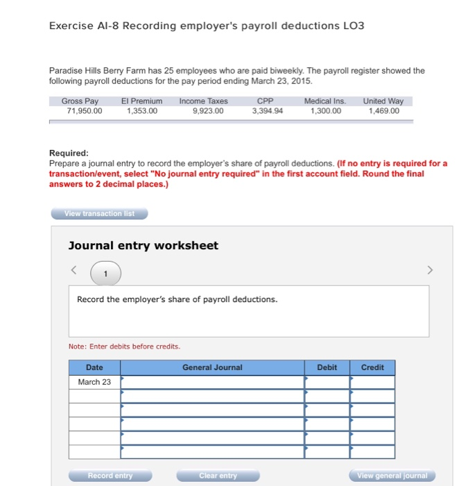 Solved Exercise Al-8 Recording employer's payroll deductions | Chegg.com