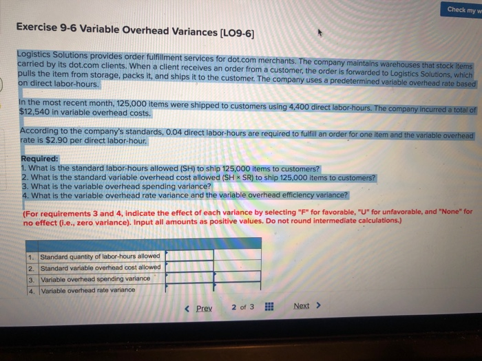 Solved Check my w Exercise 9-6 Variable Overhead Variances | Chegg.com