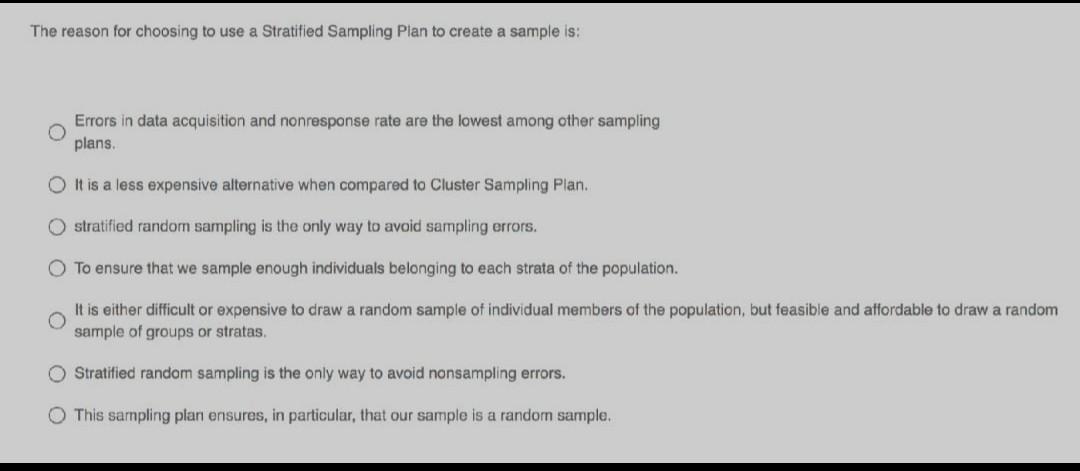 Solved The reason for choosing to use a Stratified Sampling | Chegg.com