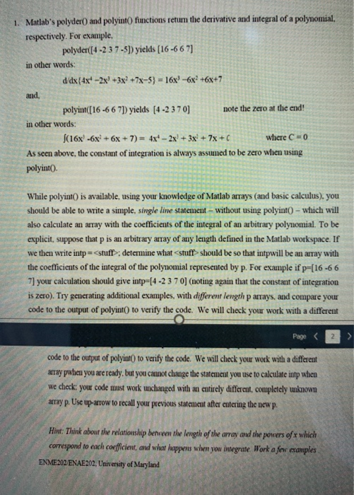 1. Matlab's polyder() and polyint() functions retum | Chegg.com