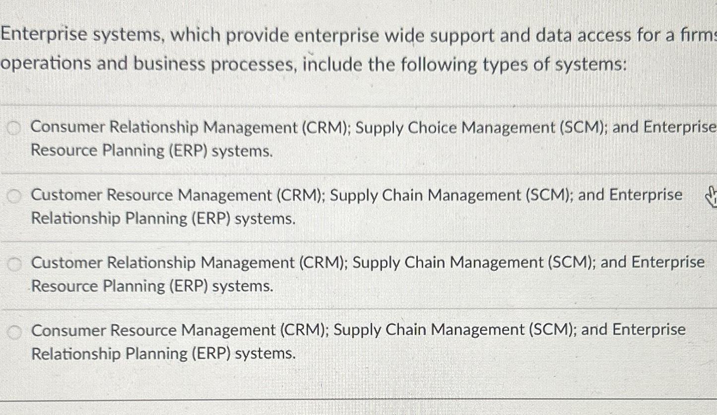 Solved Enterprise systems, which provide enterprise wide | Chegg.com