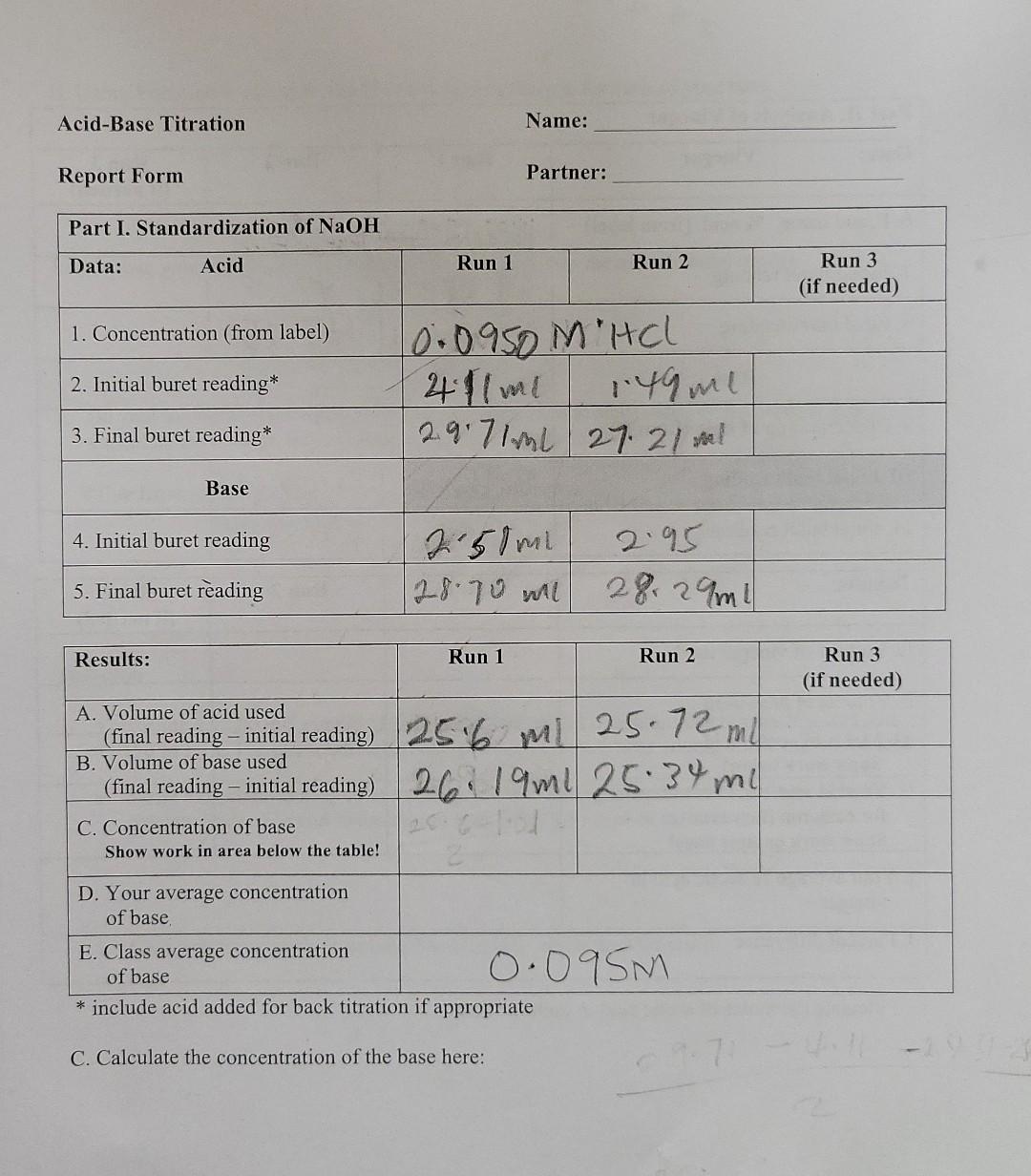 Solved Acid-Base Titration Name: Report Form Partner: Part | Chegg.com