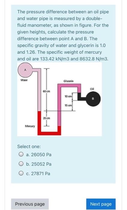 Solved The pressure difference between an oil pipe and water | Chegg.com