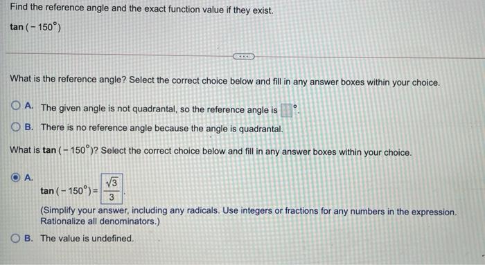 Solved Find the reference angle and the exact function value | Chegg.com
