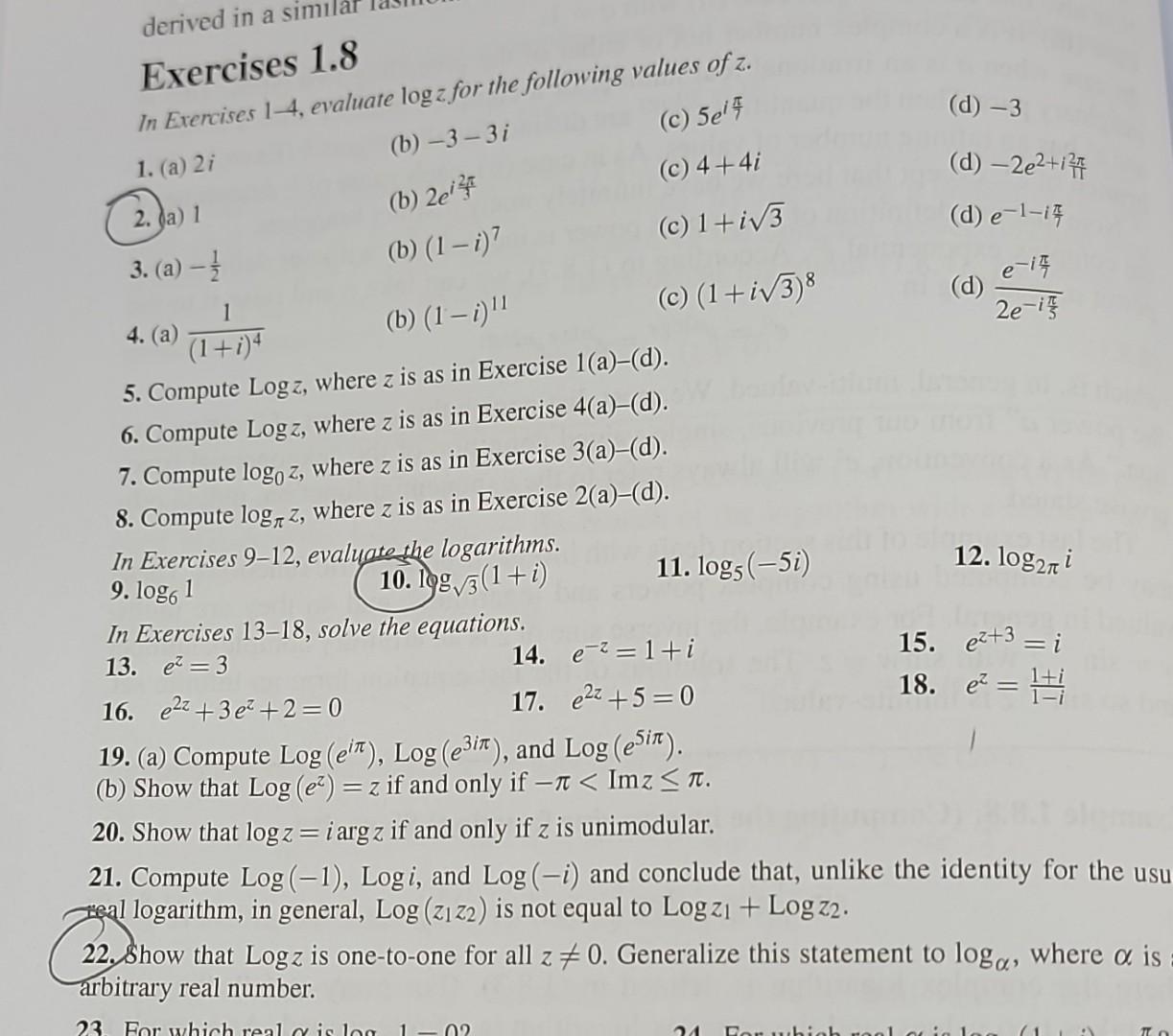 Solved Exercises 1.8 In Exercises 1-4, evaluate logz for the | Chegg.com