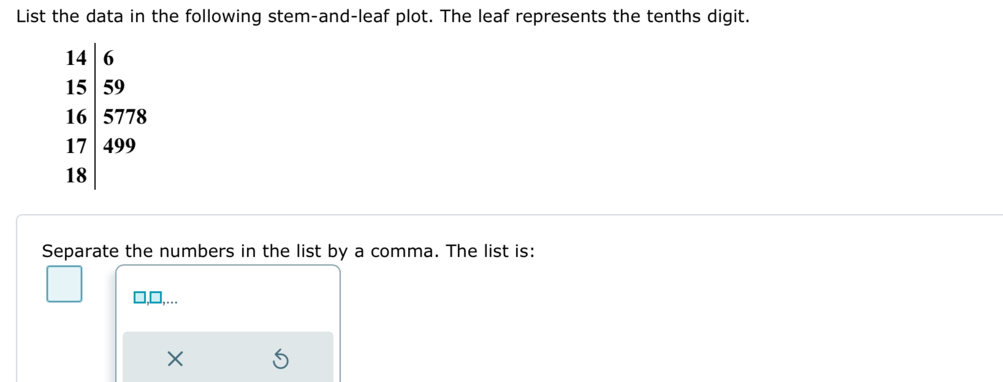 Solved List the data in the following stem-and-leaf plot. | Chegg.com