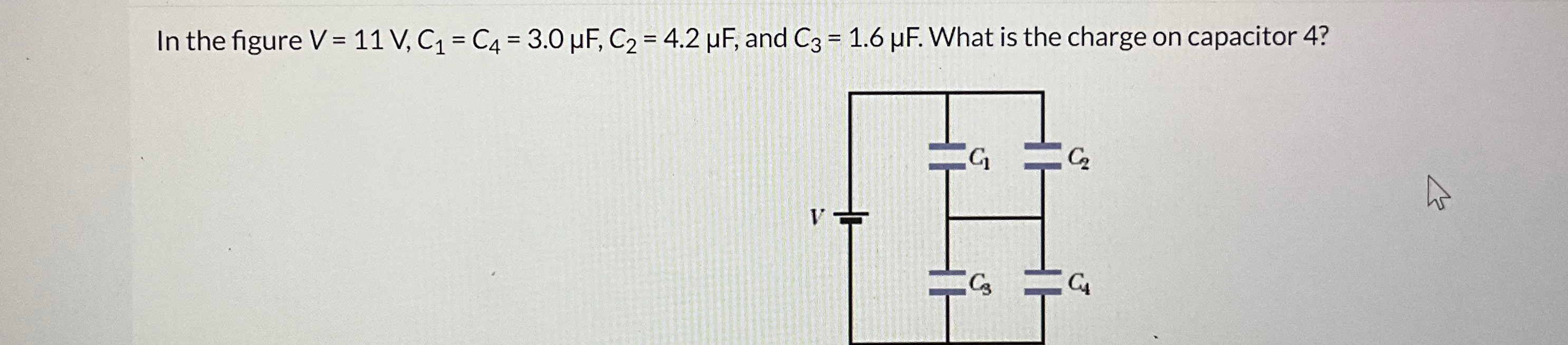 Solved In the figure V=11V,C1=C4=3.0μF,C2=4.2μF, ﻿and | Chegg.com