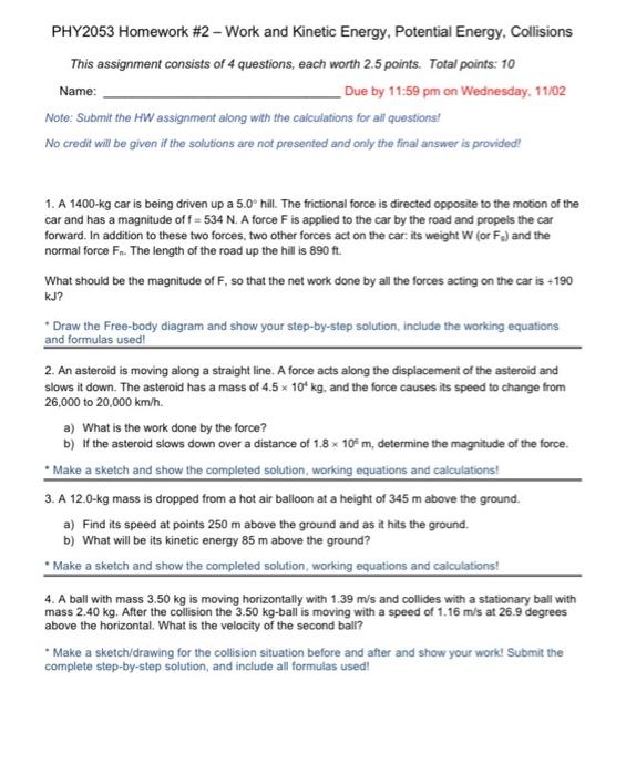 Solved PHY2053 Homework #2 - Work and Kinetic Energy, | Chegg.com