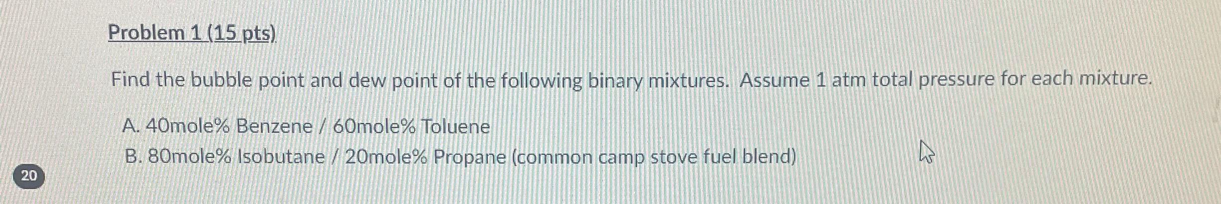 Solved Problem 1 (15 ﻿pts)Find the bubble point and dew | Chegg.com