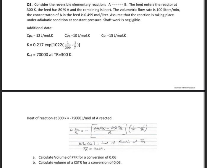 Solved Q3. Consider the reversible elementary reaction: | Chegg.com