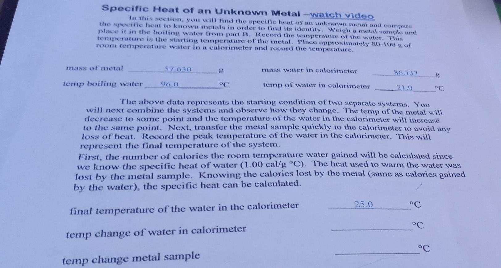 Solved Specific Heat of an Unknown Metal-watch video In this | Chegg.com