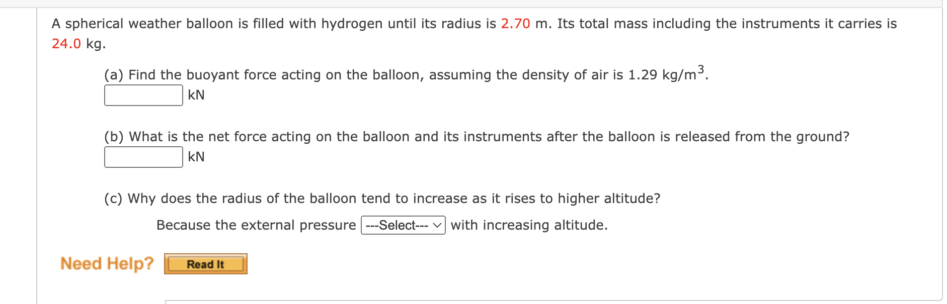A spherical weather balloon is filled with hydrogen | Chegg.com