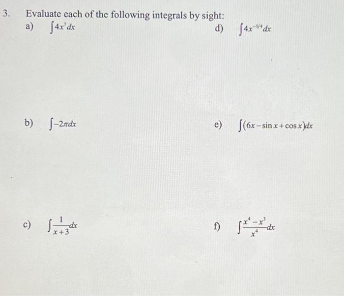 Solved 3. Evaluate each of the following integrals by sight: | Chegg.com