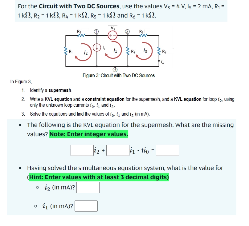 Solved For the Circuit with Two DC Sources, use the values | Chegg.com