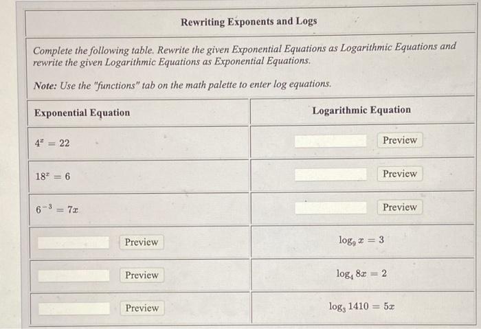 Solved Rewriting Exponents and Logs Complete the following | Chegg.com