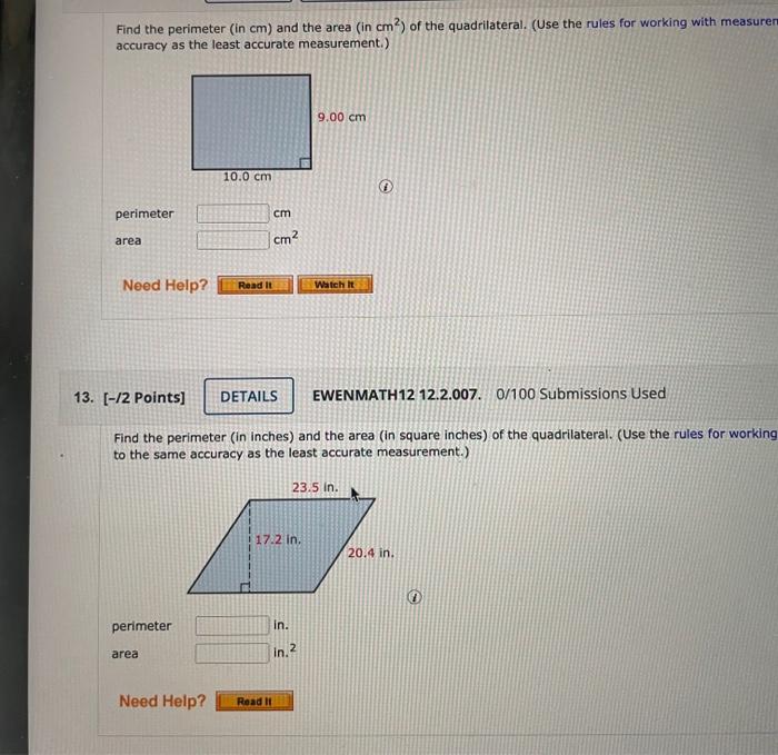 Solved Find the perimeter (in cm ) and the area ( in cm2 ) | Chegg.com