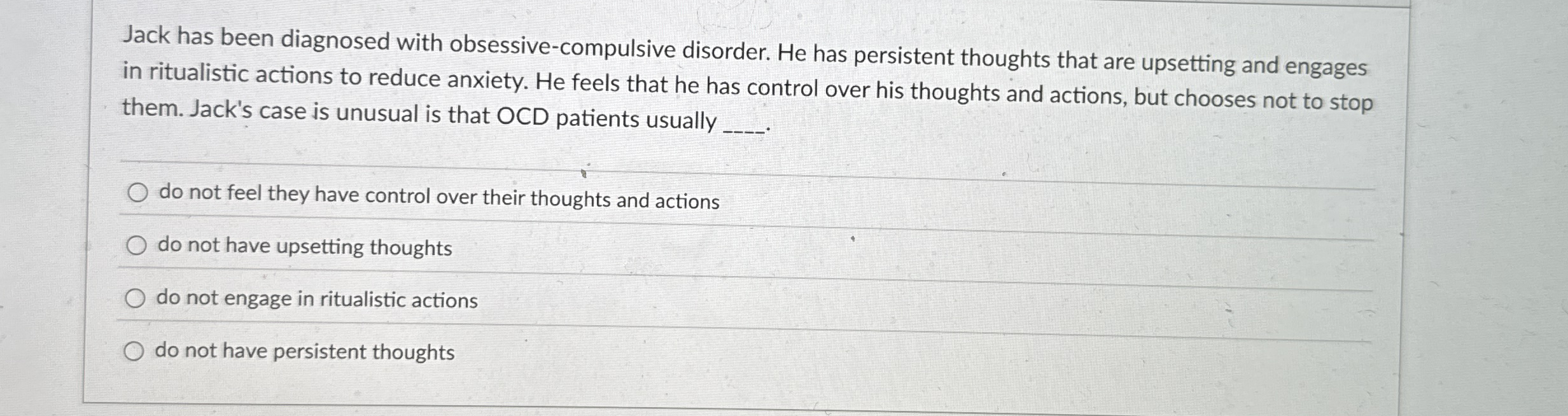 Solved Jack has been diagnosed with obsessive-compulsive | Chegg.com