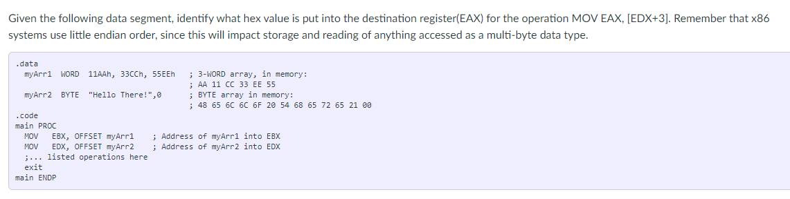 Solved Given the following data segment, identify what hex | Chegg.com