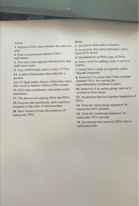 Solved BOTC.Lecture Chapter 6&7Across 1. Repion of DNA that | Chegg.com