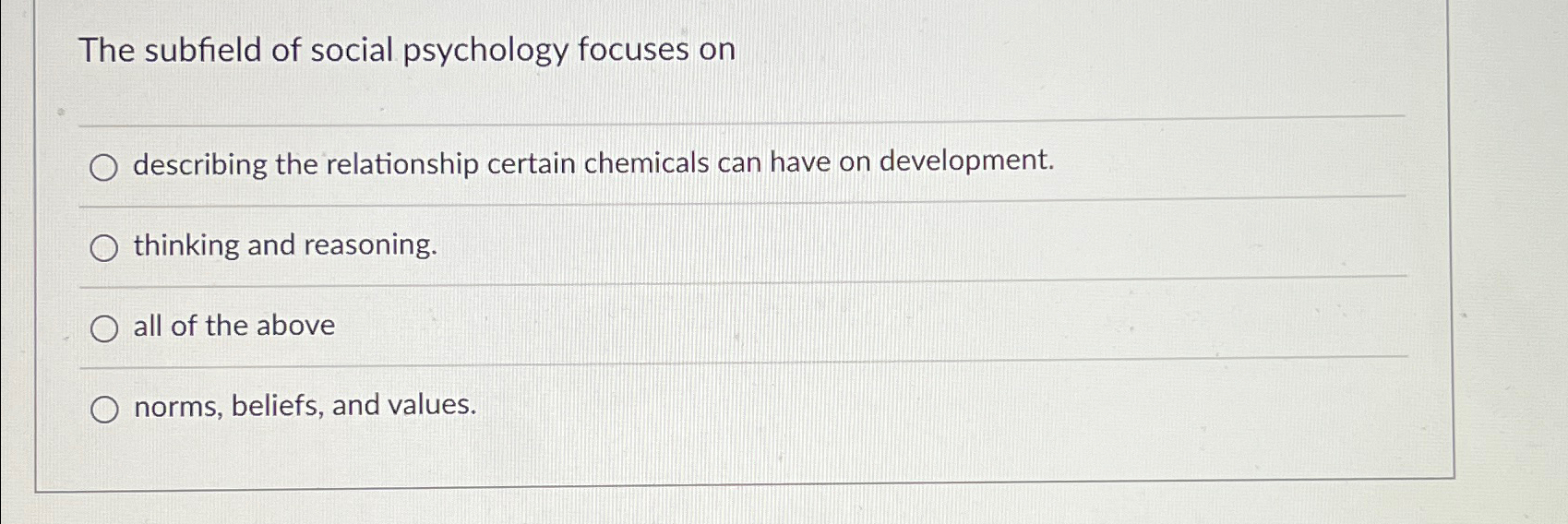 Solved The subfield of social psychology focuses | Chegg.com