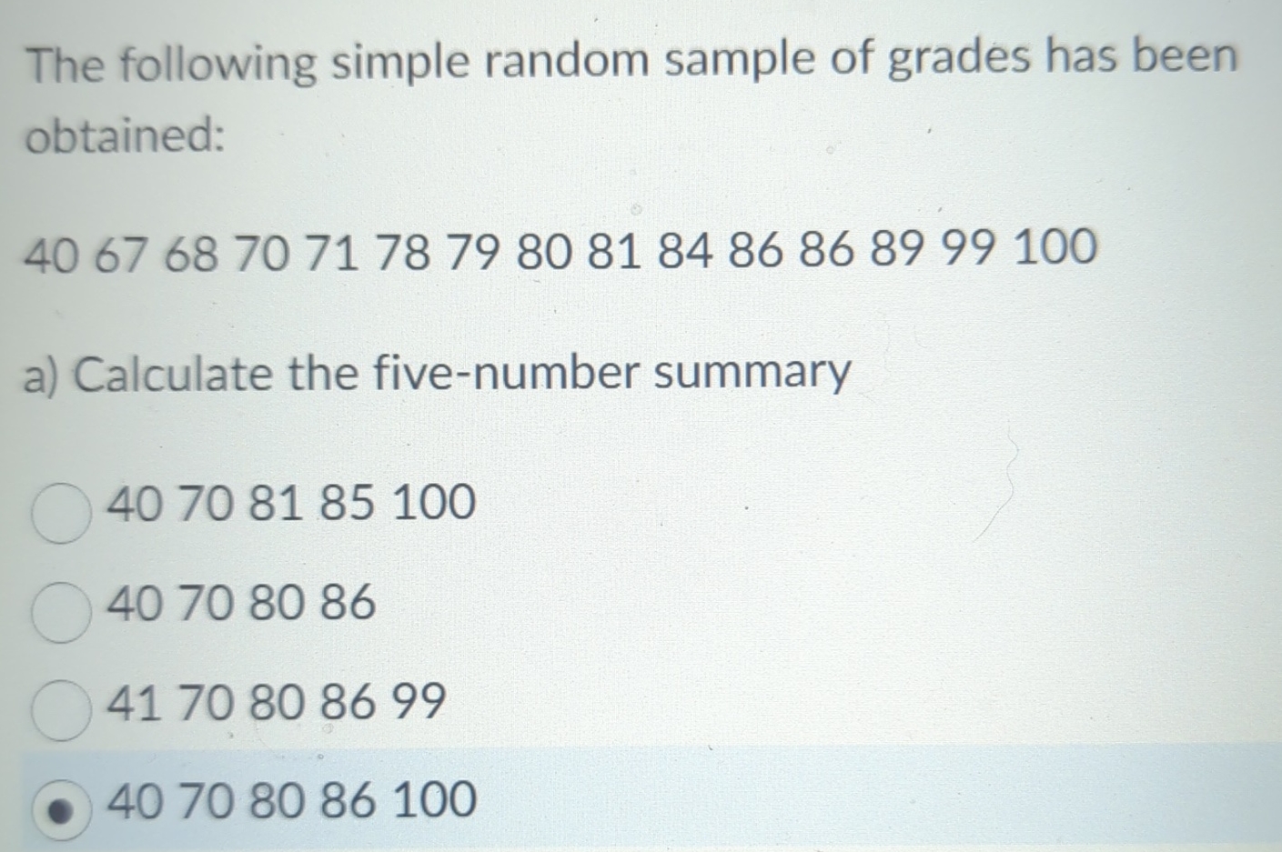 Solved The Following Simple Random Sample Of Grades Has Been 
