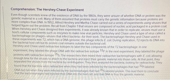 Solved Comprehension: The Hershey-Chase Experiment Even | Chegg.com