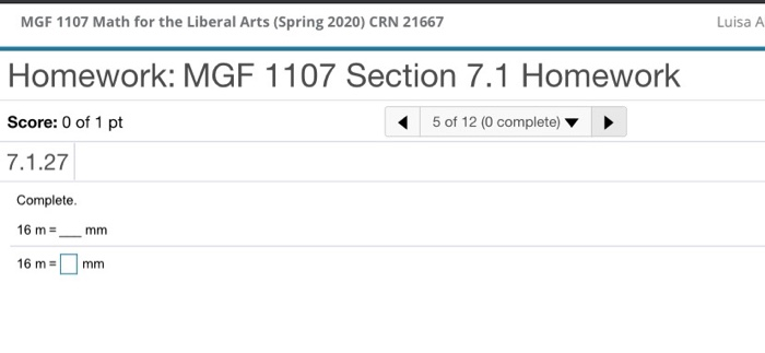 Solved MGF 1107 Math for the Liberal Arts (Spring 2020) CRN | Chegg.com Solved MGF 1107 Math for the Liberal Arts (Spring 2020) CRN | Chegg.com