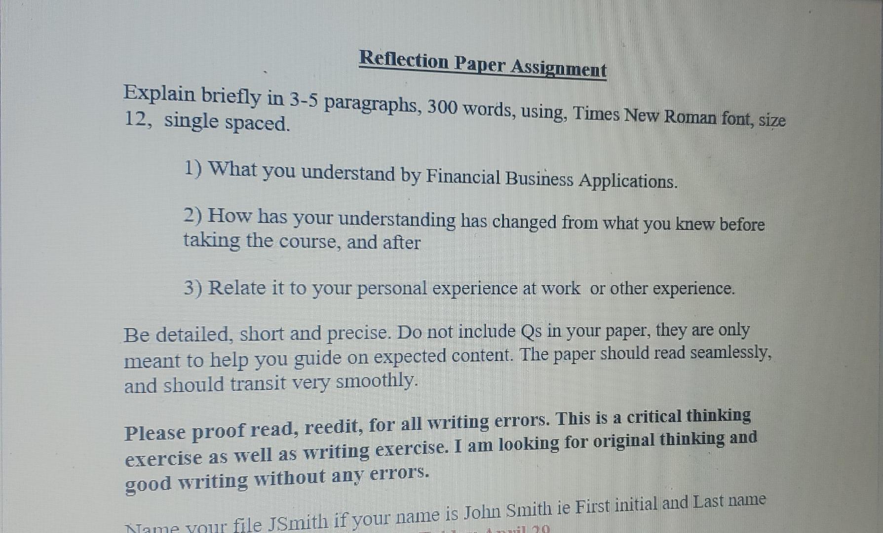 Solved Reflection Paper Assignment Explain briefly in 3-5 | Chegg.com