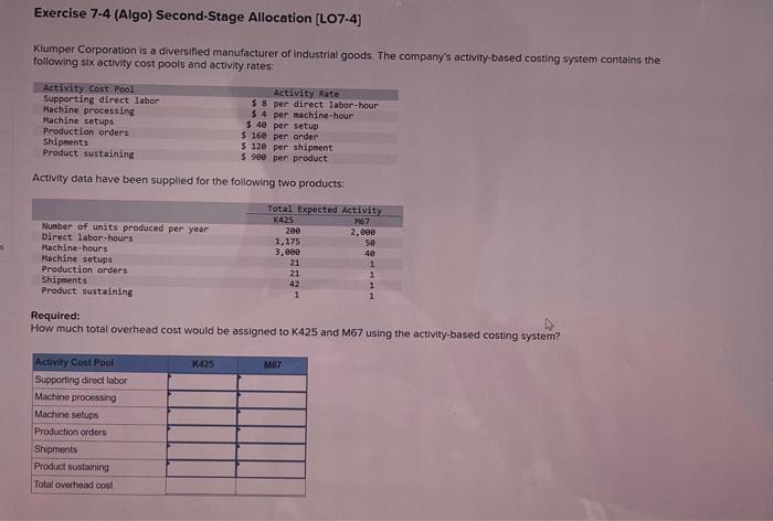 Solved Exercise 7-4 (Algo) Second-Stage Allocation [LO7-4] | Chegg.com