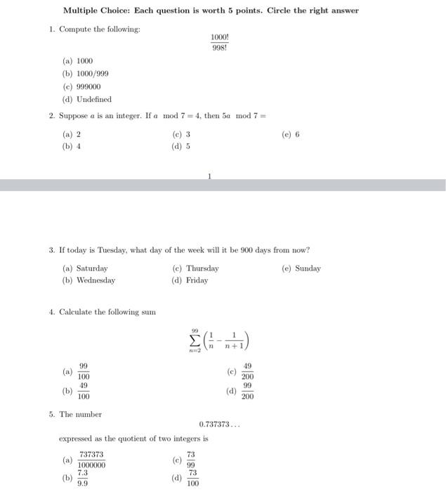Solved Multiple Choice: Each question is worth 5 points. | Chegg.com