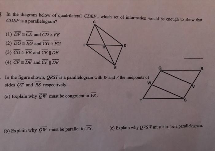 Solved In the diagram below of quadrilateral CDEF, which set | Chegg.com