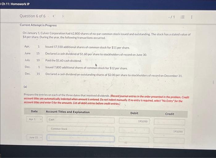 Solved ) Ch 11: Homework IP Question 6 of 6 Current Attempt | Chegg.com