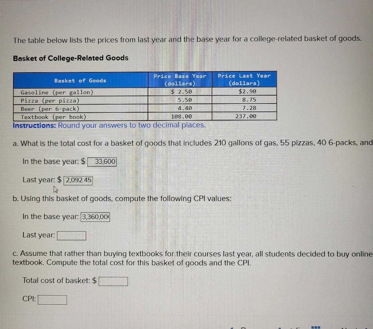 Solved The table below lists the prices from last year and | Chegg.com