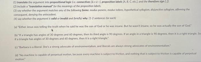 (1) translate the argument into propositional logic | Chegg.com
