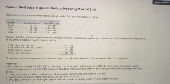Solved Return to questo Problem 5A-8 (Algo) High-Low Method; | Chegg.com