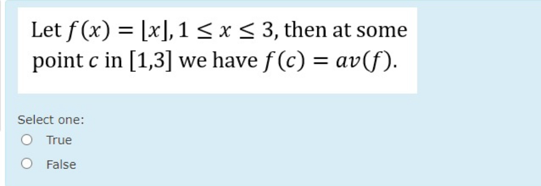 Solved Let f(x)=|??x??|,1≤x≤3, ﻿then at some point c ﻿in 1,3 | Chegg.com