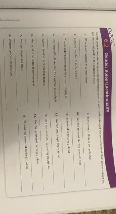 Solved EXERCISE 6.2 Gender Roles Questionnaire To explore | Chegg.com