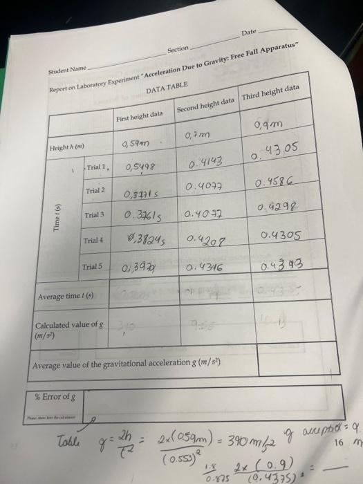 Solved Srudent Name Sextion "Acceleration Due to Gravity: | Chegg.com