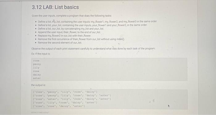 Solved 312 Lab List Basics Given The User Inputs Complete