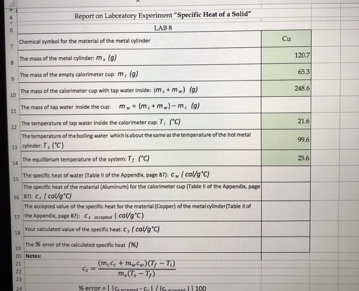 4 6 Report on Laboratory Experiment "Specific Heat of | Chegg.com