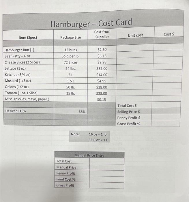 Solved Hamburger - Cost Card Note: 16oz=1lb33.8oz=1 L | Chegg.com